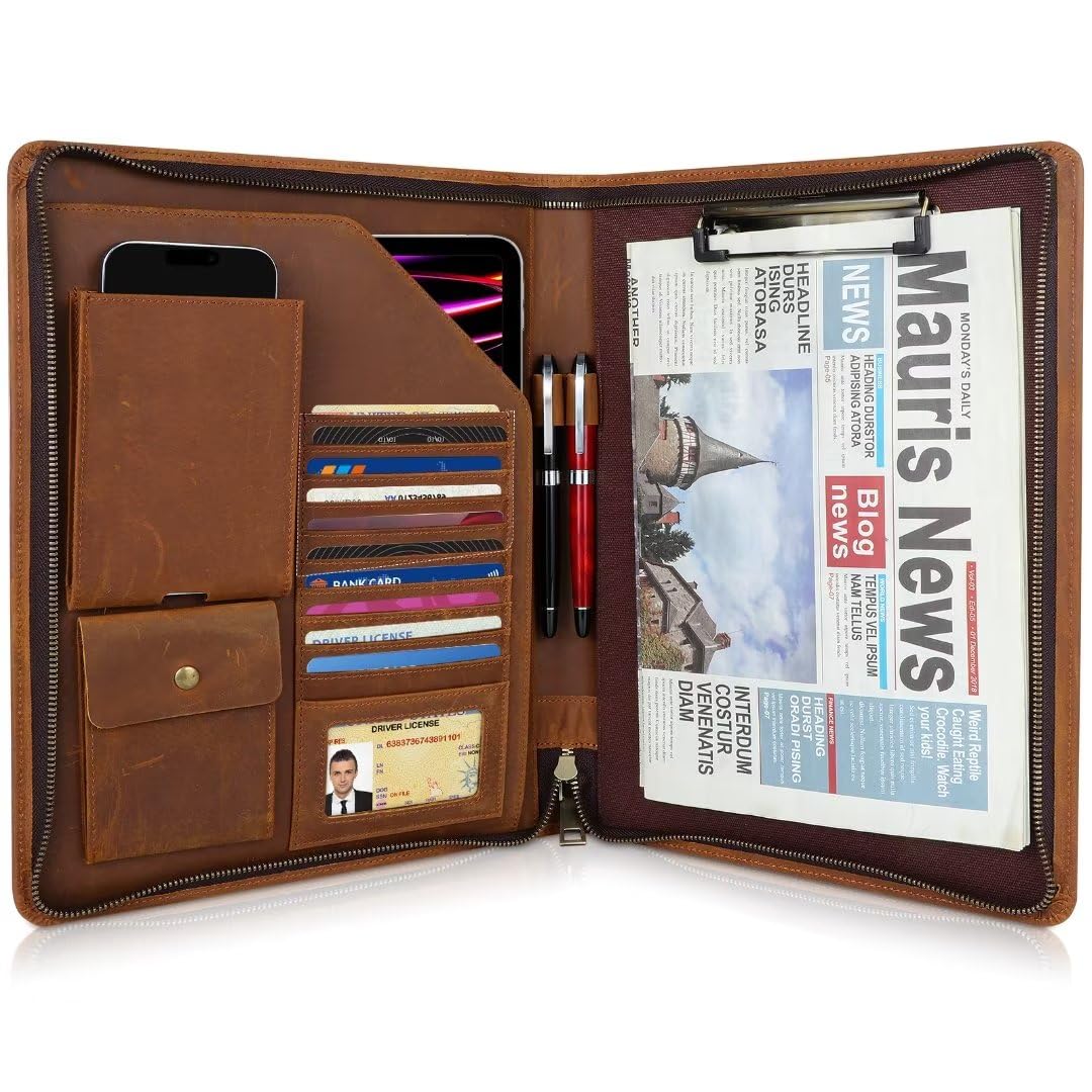 Full Grain Leather Portfolio Binder, Padfolio Business Resume Legal Pad Notebook Binder for A4/Pad, Folio Leather Folder, Tablet Padfolio for iPad, Portfolio Organizer with Zipper for Women/Men