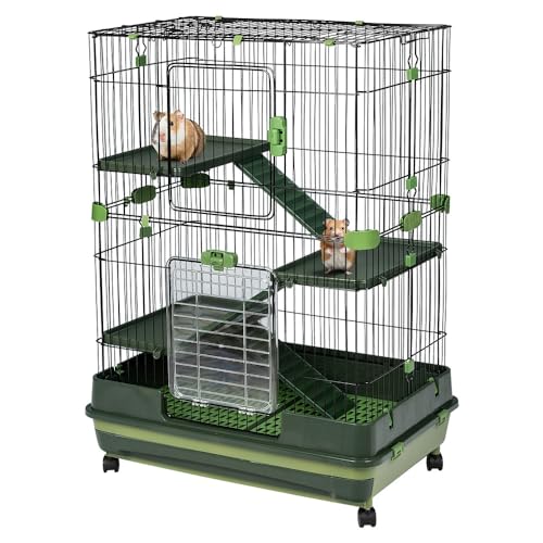4-Tier Animal Metal Cage Small Cat Cage Height Adjustable Rabbits Cage with Lockable Casters, Pull-Out Tray Fits Rabbits, Chinchillas, Ferrets, Guinea Pigs, Squirrels, Hedgehogs (Green)