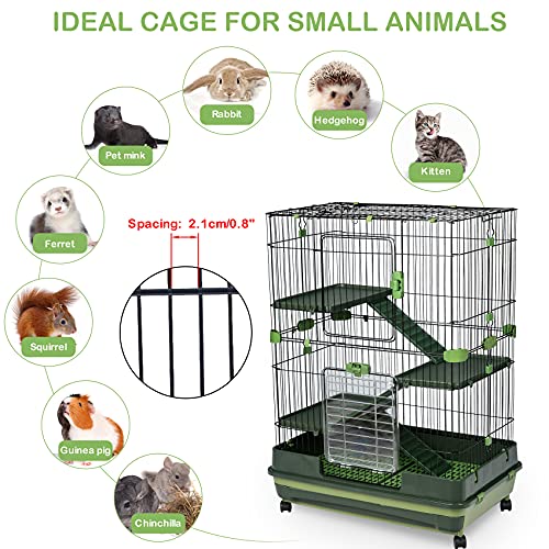 4-Tier Animal Metal Cage Small Cat Cage Height Adjustable Rabbits Cage with Lockable Casters, Pull-Out Tray Fits Rabbits, Chinchillas, Ferrets, Guinea Pigs, Squirrels, Hedgehogs (Green)