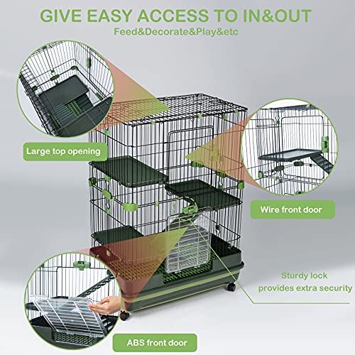 4-Tier Animal Metal Cage Small Cat Cage Height Adjustable Rabbits Cage with Lockable Casters, Pull-Out Tray Fits Rabbits, Chinchillas, Ferrets, Guinea Pigs, Squirrels, Hedgehogs (Green)