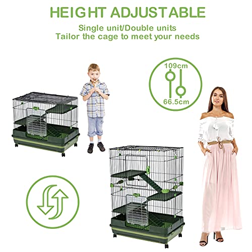 4-Tier Animal Metal Cage Small Cat Cage Height Adjustable Rabbits Cage with Lockable Casters, Pull-Out Tray Fits Rabbits, Chinchillas, Ferrets, Guinea Pigs, Squirrels, Hedgehogs (Green)