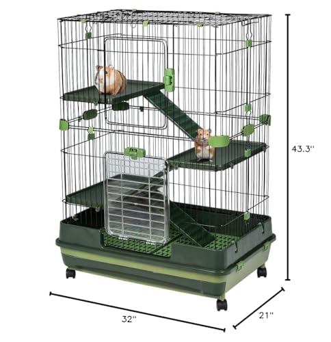 4-Tier Animal Metal Cage Small Cat Cage Height Adjustable Rabbits Cage with Lockable Casters, Pull-Out Tray Fits Rabbits, Chinchillas, Ferrets, Guinea Pigs, Squirrels, Hedgehogs (Green)