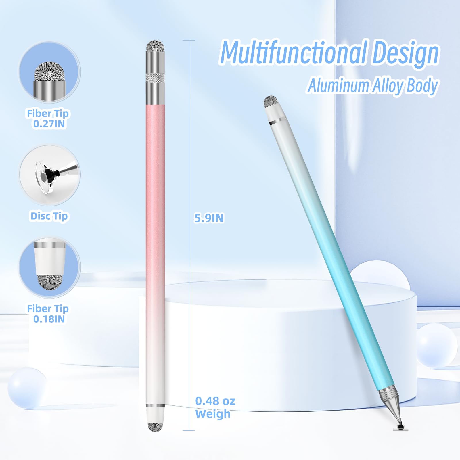 Stylus Pens for Touch Screen (2PCS), High Precision 3-in-1 Fiber Tip Stylus with Disc Stylus for iPad Compatible with iPhone/Android/iPad/Tablets & All Touch Screens (Blue/Pink)
