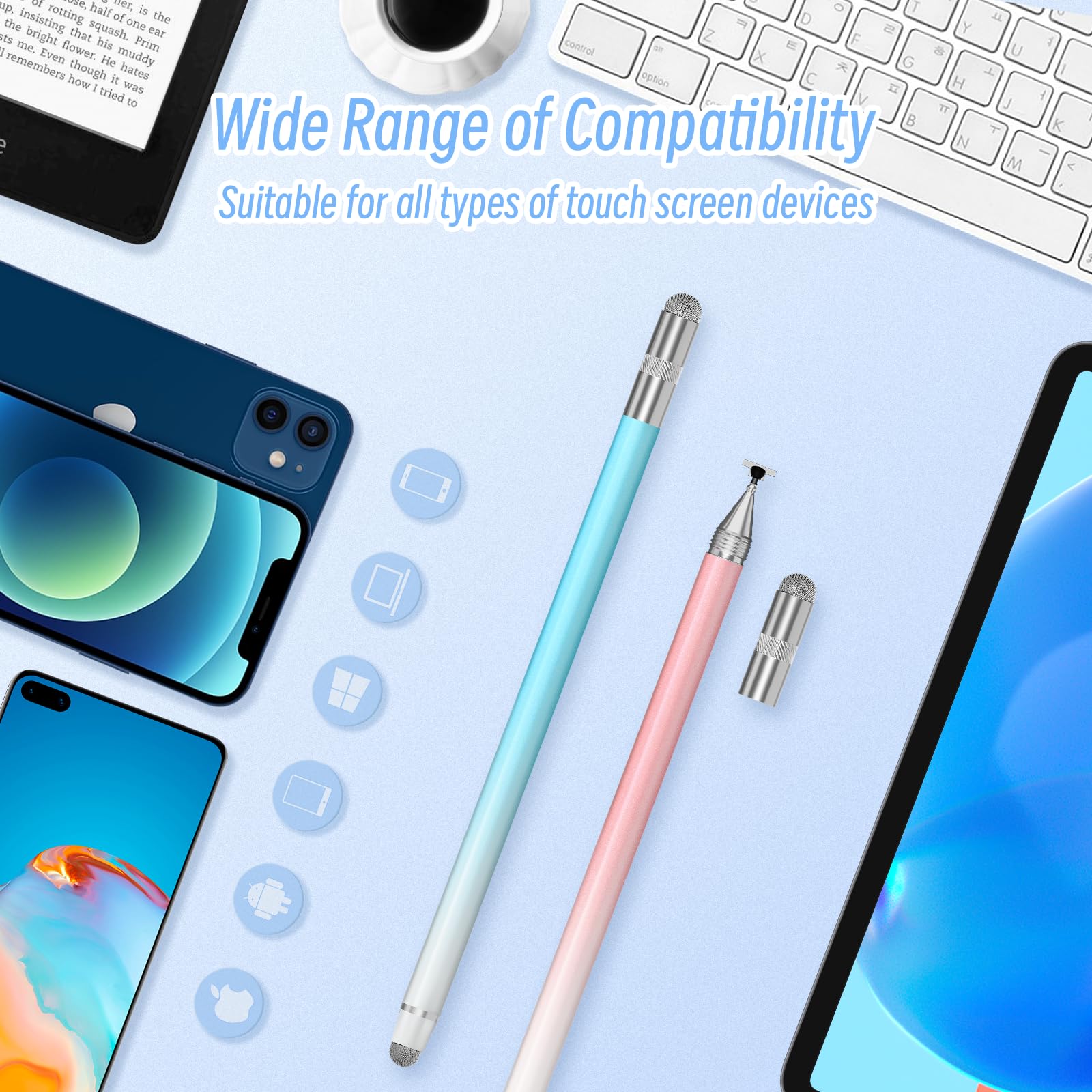 Stylus Pens for Touch Screen (2PCS), High Precision 3-in-1 Fiber Tip Stylus with Disc Stylus for iPad Compatible with iPhone/Android/iPad/Tablets & All Touch Screens (Blue/Pink)