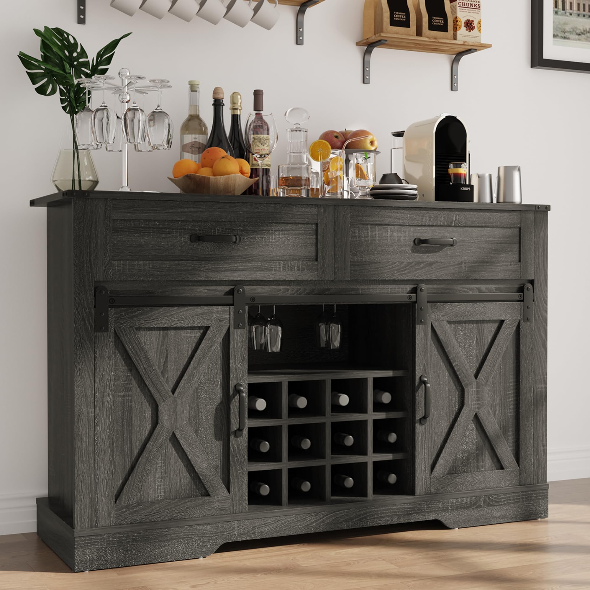 RoyalCraft Farmhouse Buffet Cabinet with Storage, 52'' Wine Bar Cabinet with Sliding Barn Door, Liquor Coffee Bar Cabinet and Sideboard for Kitchen, Dining Room, Rustic Dark Grey