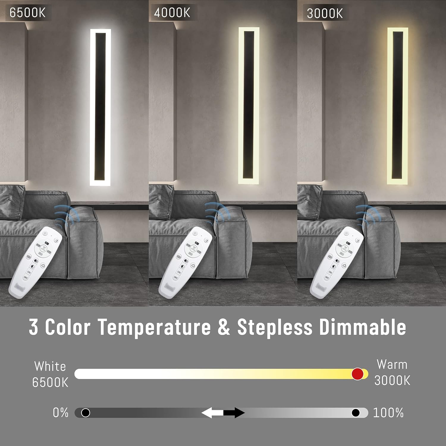 NOAHST Outdoor Long Strip Wall Light Fixtures, Modern LED Long Wall Lights & 3 Color Stepless Dimming Wall Sconce Strip with Remote Control for Bathroom, Living Room, Patio, Garage - 32 inches(Black)