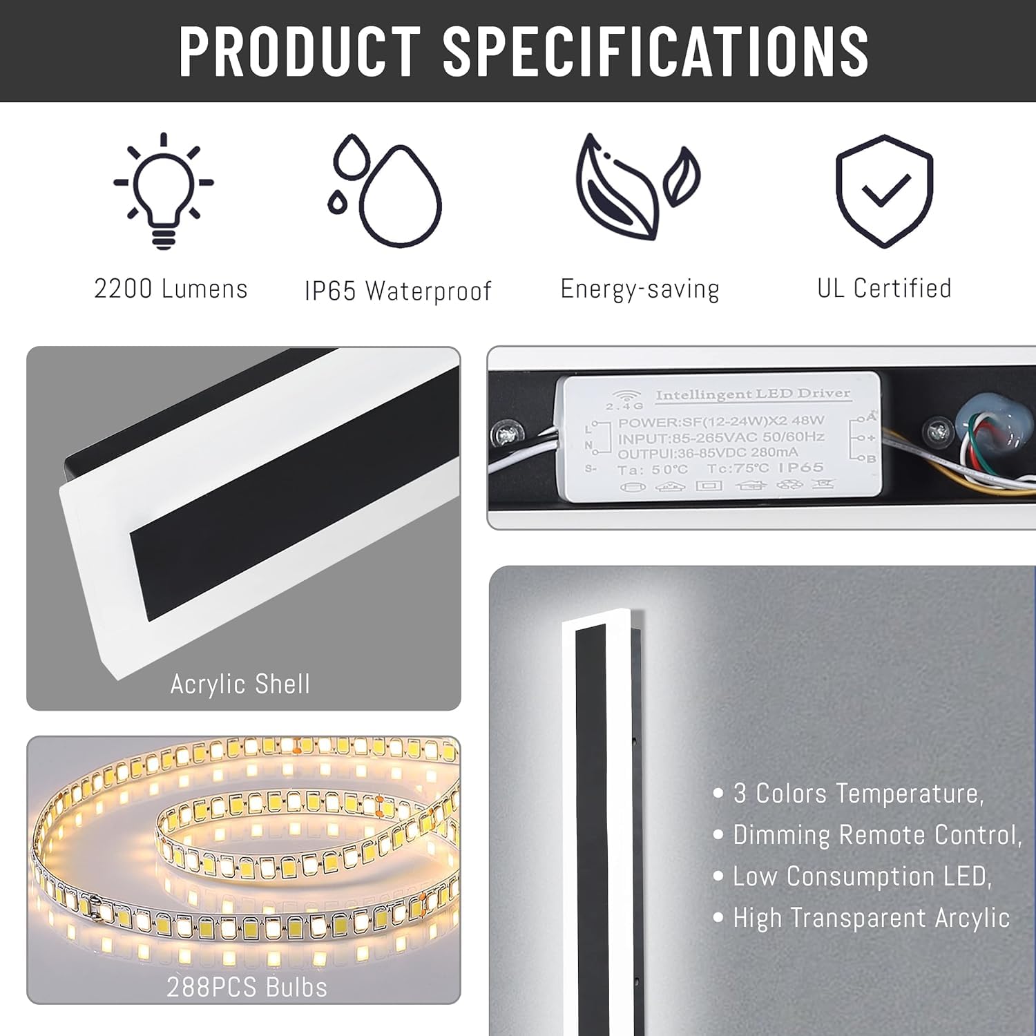 NOAHST Outdoor Long Strip Wall Light Fixtures, Modern LED Long Wall Lights & 3 Color Stepless Dimming Wall Sconce Strip with Remote Control for Bathroom, Living Room, Patio, Garage - 32 inches(Black)