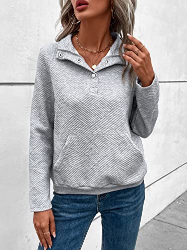 GORGLITTER Women's V Neck Sweatshirt Quilted Pullover Long Sleeve Knit Collar Pullover Tops Fall Clothes Light Grey Small