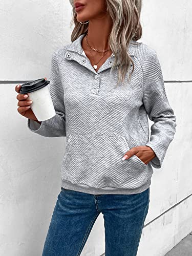GORGLITTER Women's V Neck Sweatshirt Quilted Pullover Long Sleeve Knit Collar Pullover Tops Fall Clothes Light Grey Small