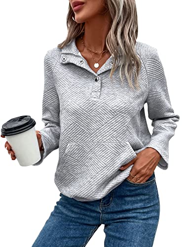GORGLITTER Women's V Neck Sweatshirt Quilted Pullover Long Sleeve Knit Collar Pullover Tops Fall Clothes Light Grey Small