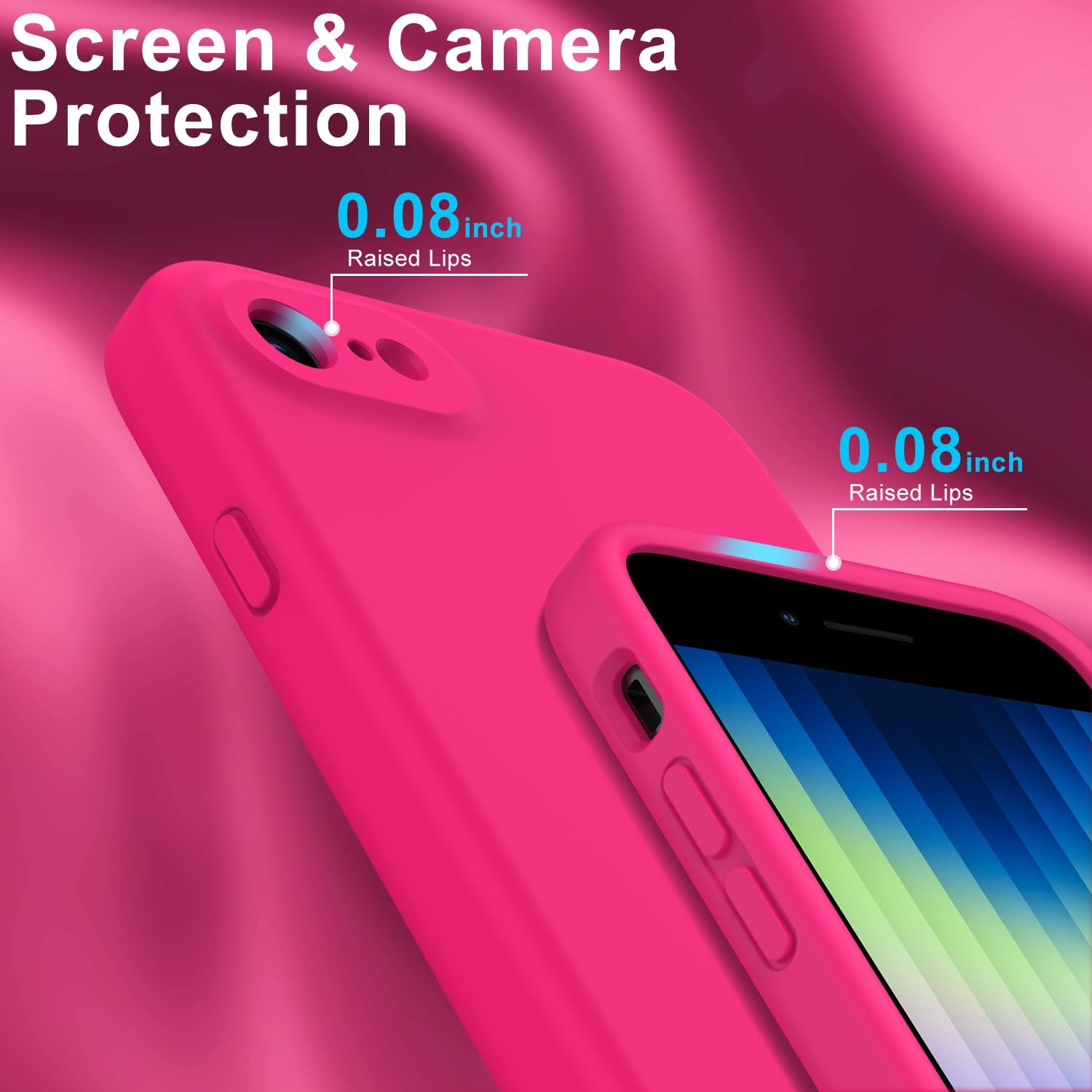 Goodon for iPhone SE 2022 3rd/SE 2020 2nd gen - iPhone 8/7 case with Screen Protector - Camera Protection - Liquid Silicone Shockproof Protective Phone Cover 4.7" for Women and Girls - Hot Pink
