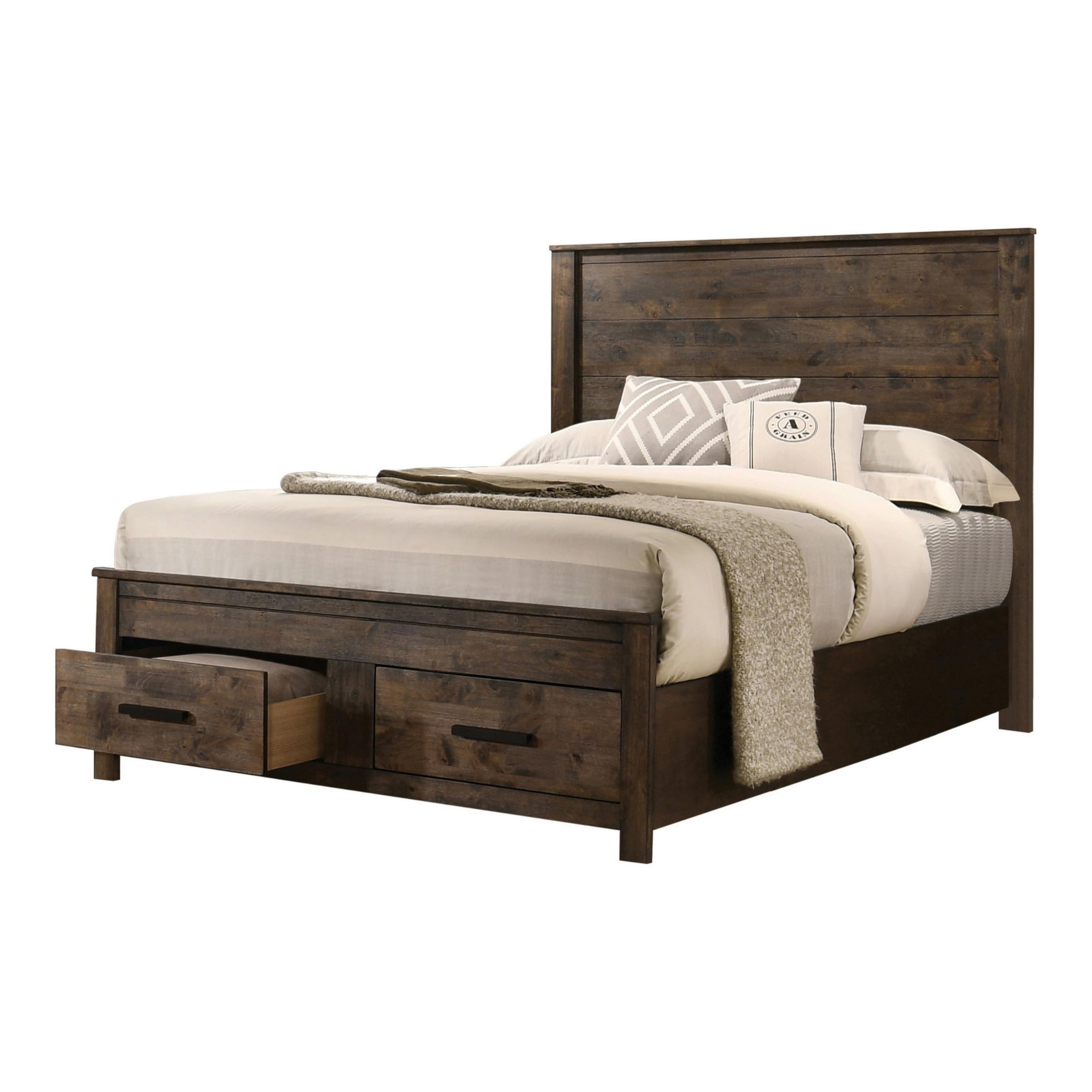 Benjara BM302765 Low Platform Frio 2-Drawers California King Size Storage Bed Rustic Brown & Black