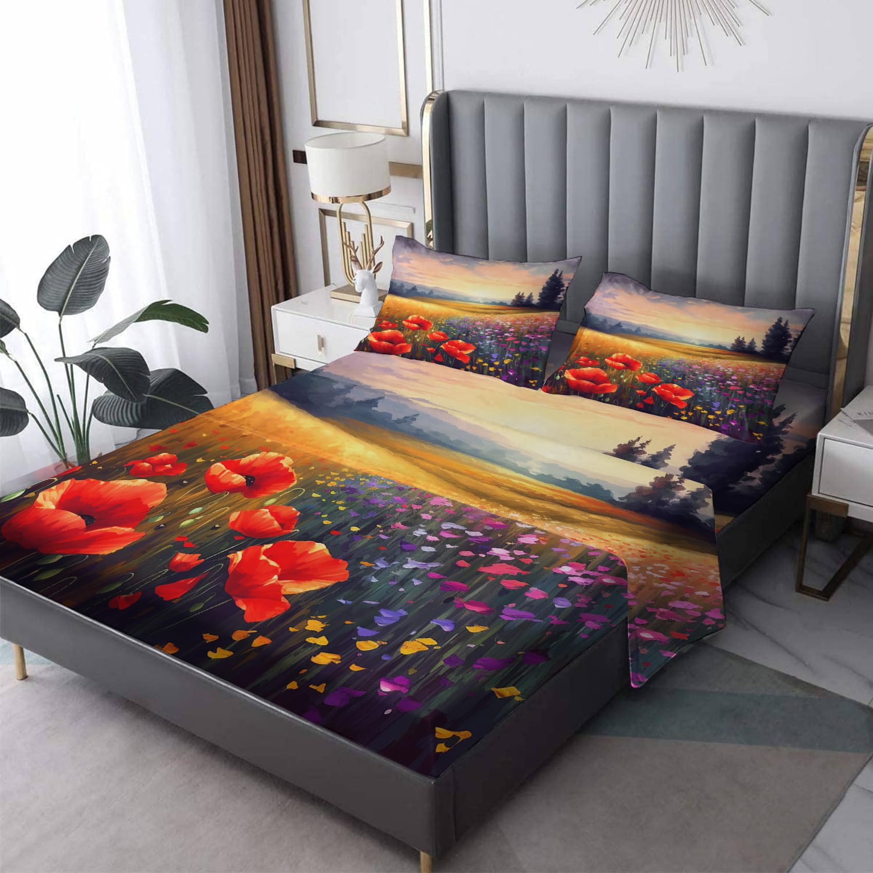 Red Poppy Sheets Full Size Sheet Sets - Poppies Flower Bed Sheets, Soft Microfiber & Deep Pocket & Wrinkle Free Patterned Bedding Sheets & Pillowcases, 1 Fitted Sheet, 1 Flat Sheet, 2 Pillow Cases