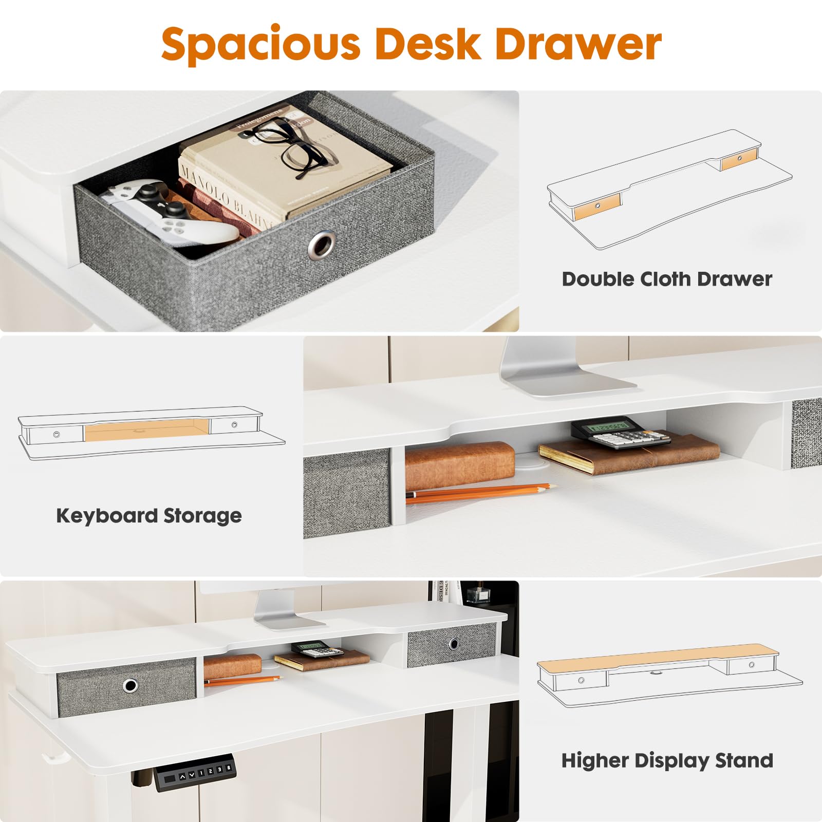 Height Adjustable Electric Standing Desk with Storage Shelf Double Drawer, 48 x 24 Inch Stand up Desk, Sit Stand Desk with Splice Board, Standing Table White Frame/White Desktop for Home Office