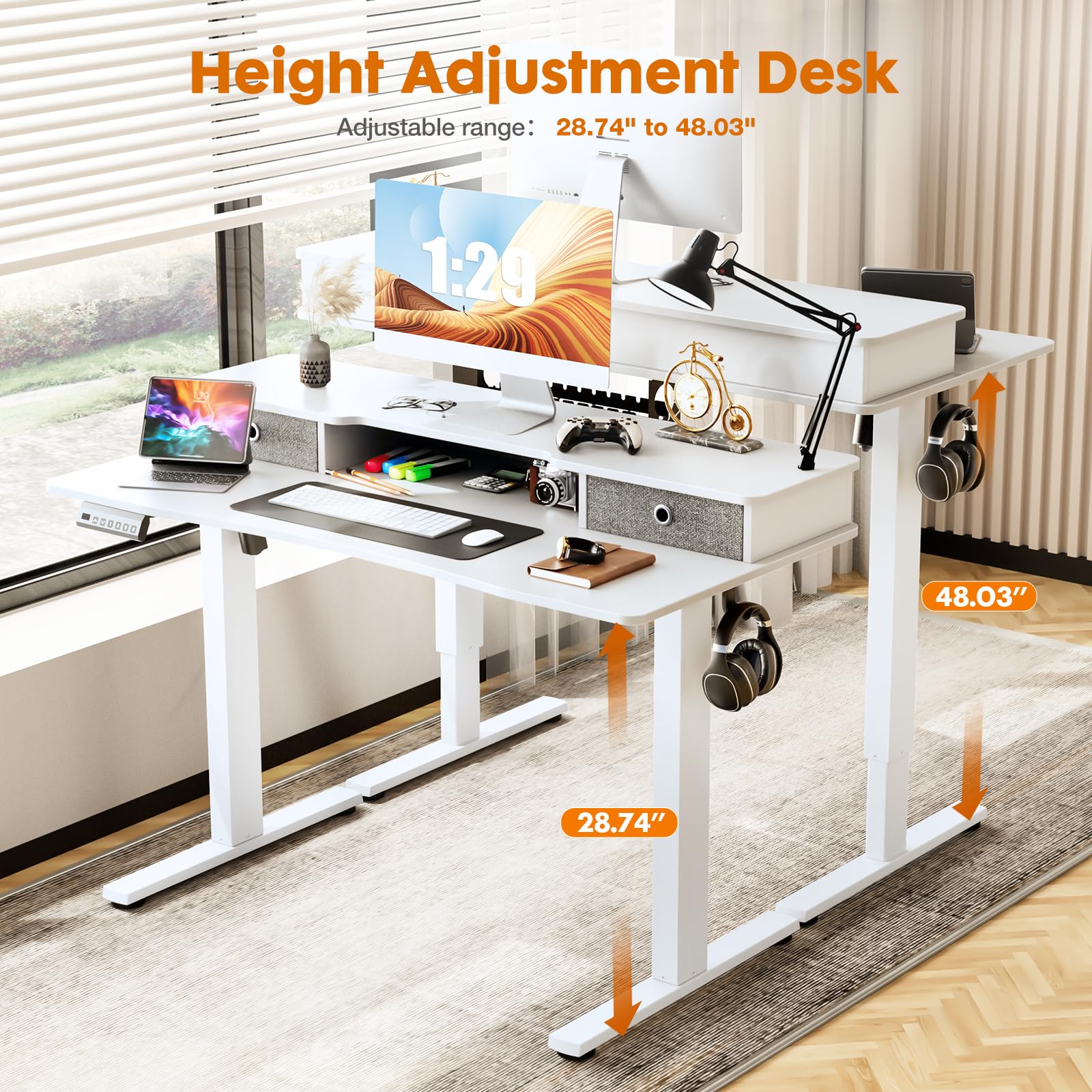 Height Adjustable Electric Standing Desk with Storage Shelf Double Drawer, 48 x 24 Inch Stand up Desk, Sit Stand Desk with Splice Board, Standing Table White Frame/White Desktop for Home Office