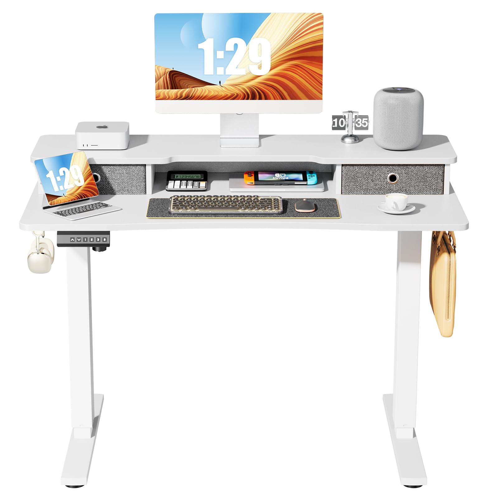 Height Adjustable Electric Standing Desk with Storage Shelf Double Drawer, 48 x 24 Inch Stand up Desk, Sit Stand Desk with Splice Board, Standing Table White Frame/White Desktop for Home Office