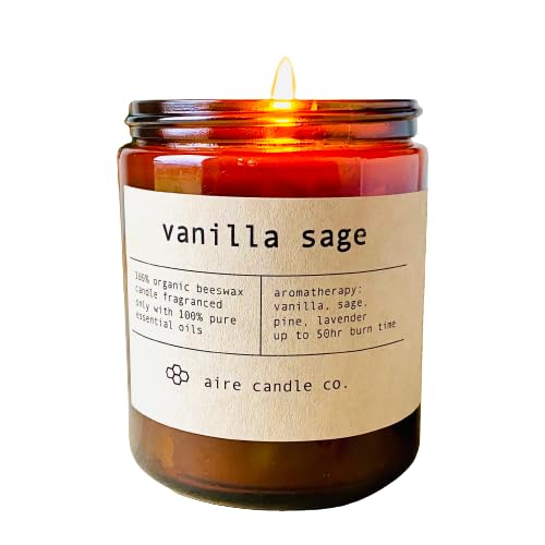 Vanilla Sage Beeswax Candle - 100% Pure Beeswax Candle - 2 Ingredients Only: 100% Pure High Quality USA Beeswax + 100% Pure Essential Oils - Made in USA - 8oz - Burns Clean, Non Toxic (8 oz)