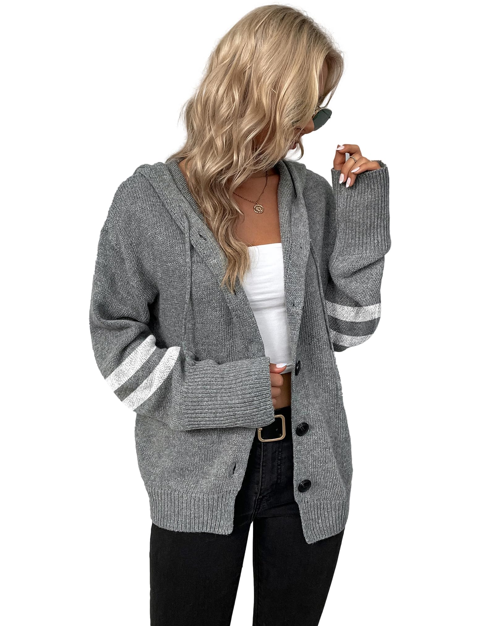 Women's Casual Cardigan V Neck Button Down Hooded Sweaters Long Sleeve Hoodies Outfits