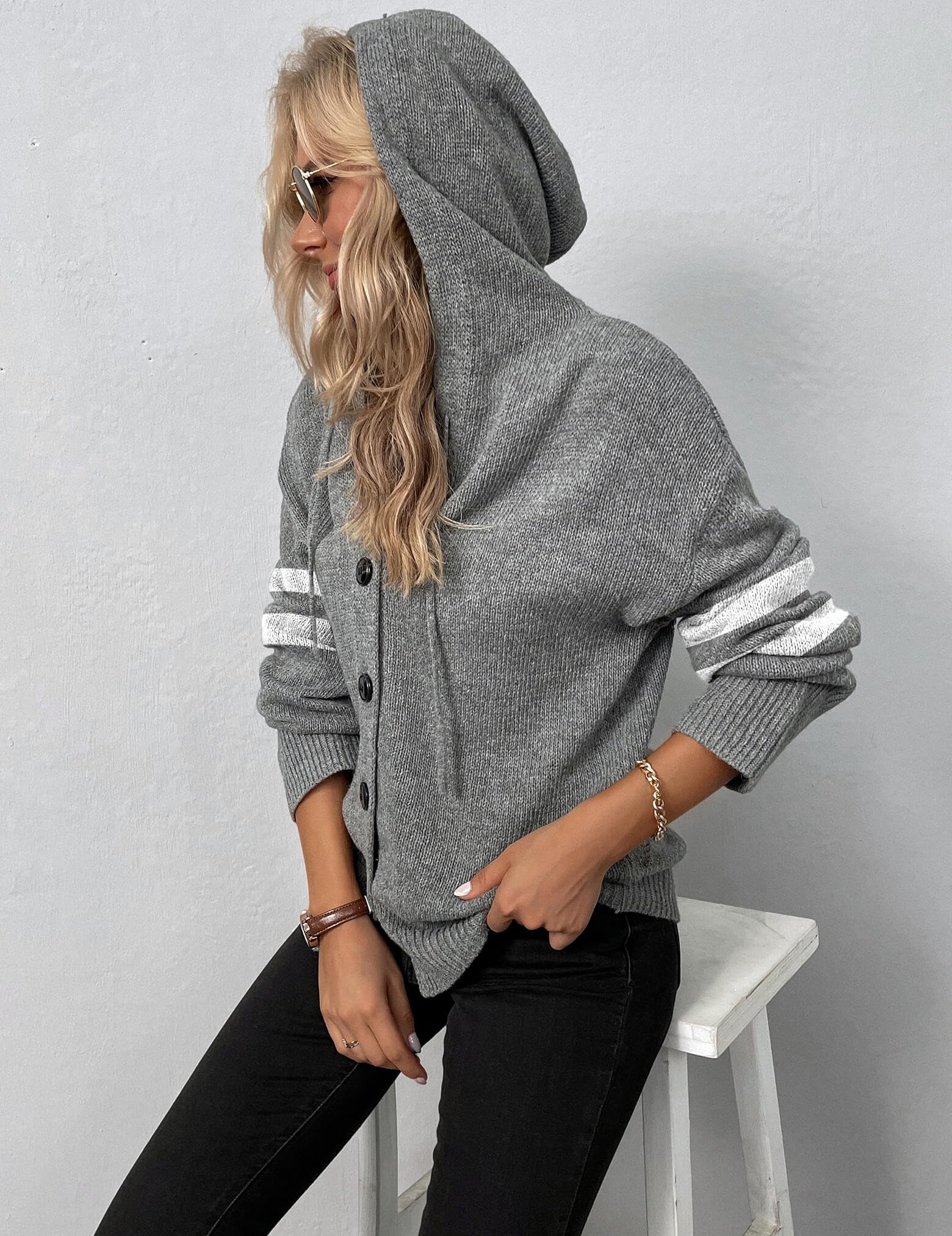 Women's Casual Cardigan V Neck Button Down Hooded Sweaters Long Sleeve Hoodies Outfits