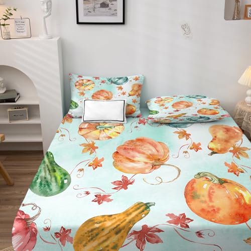 Thanksgiving Sheets Full Size Sheet Sets - Autumn Leaves Pumpkin Bed Sheets, Soft Microfiber & Deep Pocket & Wrinkle Free Bedding Sheets & Pillowcases, 1 Fitted Sheet, 1 Flat Sheet, 2 Pillow Cases