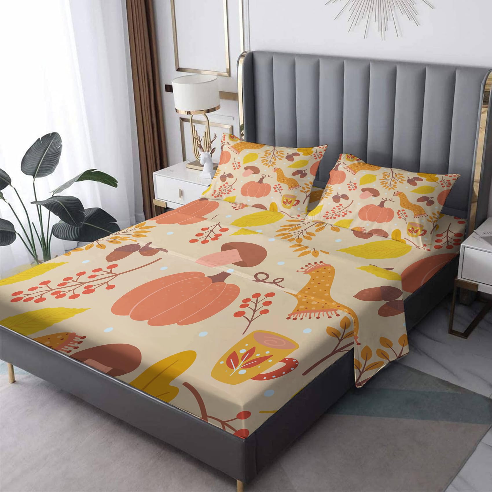 zcsm Fall Decor Sheets Full Size Sheet Sets - Autumn Bed Sheets, Soft Microfiber & Deep Pocket & Wrinkle Free Patterned Bedding Sheets & Pillowcases, 1 Fitted Sheet, 1 Flat Sheet, 2 Pillow Cases