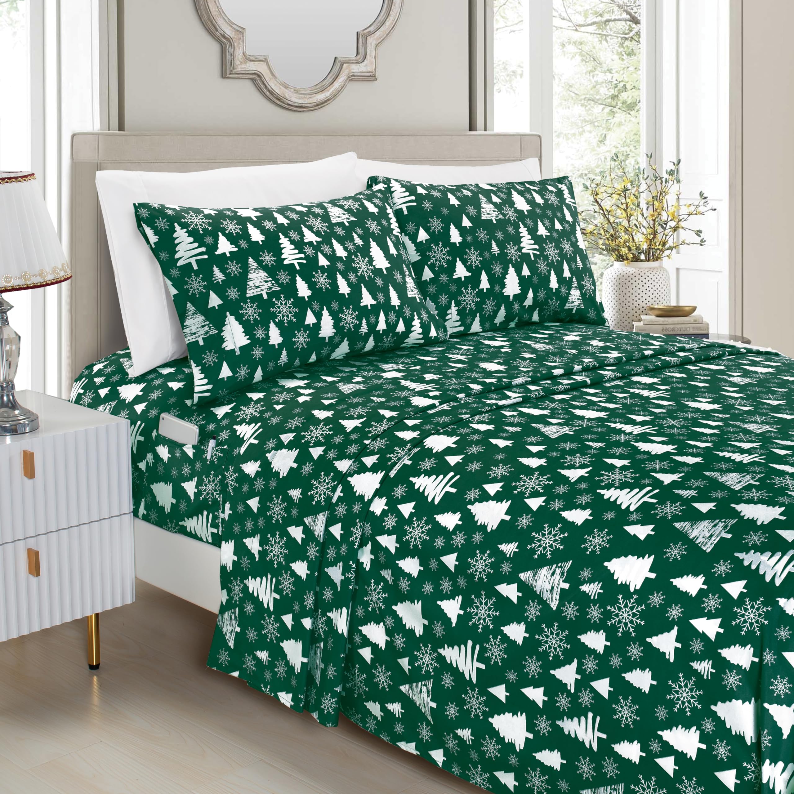 Elegant Comfort Luxury Soft Bed Sheets Holiday Pattern 1500 Premium Hotel Quality Microfiber - Softness Wrinkle and Fade Resistant (4-Piece) Bedding Set, Twin, Hunter Green Christmas Tree