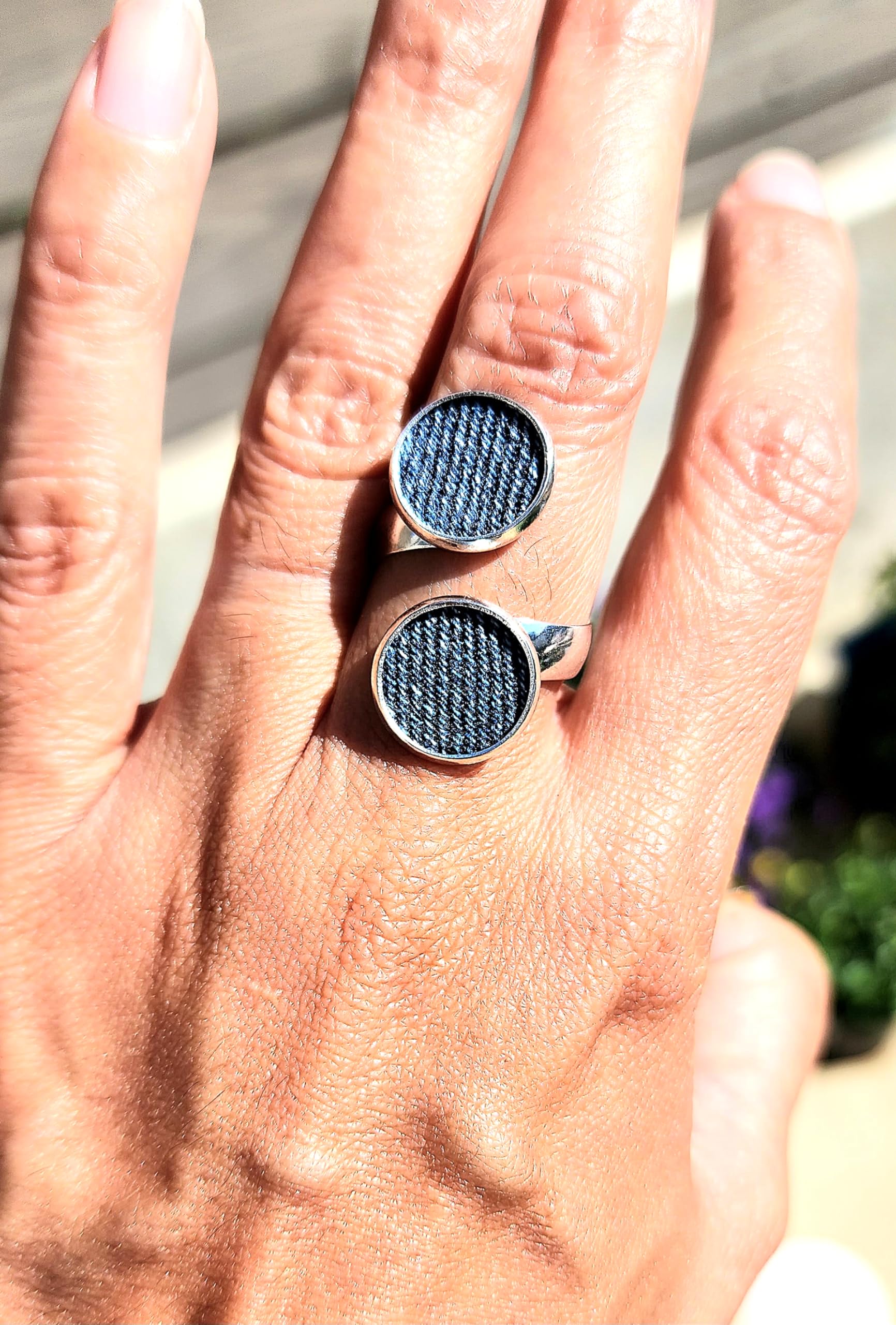 Denim Jeans Ring- Antiqued Stainless Silver Double Round Adjustable Ring