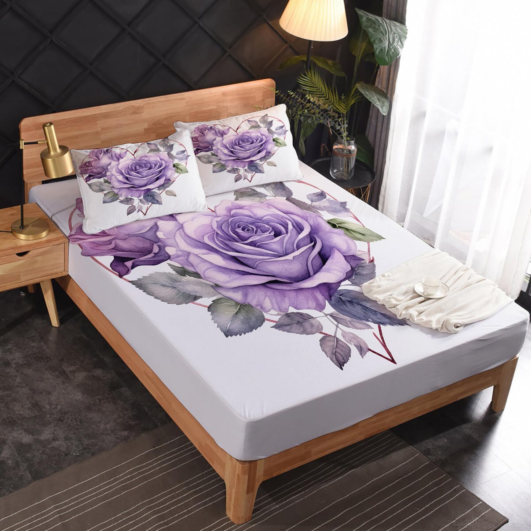 zcsm Purple Rose Sheets Full Size Sheet Sets - Floral Bed Sheets, Soft Microfiber & Deep Pocket & Wrinkle Free Patterned Bedding Sheets & Pillowcases, 1 Fitted Sheet, 1 Flat Sheet, 2 Pillow Cases