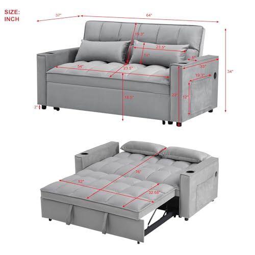 64" Spacious Futon Loveseat Sofa with Pull Out Sleeper Couch Bed, USB Ports and 2 Cupholders, Functional Adjustable Backrest Tufted Upholstered Love Seat Convertible Full Size Sofabed for Living Room