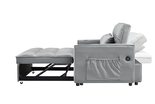 64" Spacious Futon Loveseat Sofa with Pull Out Sleeper Couch Bed, USB Ports and 2 Cupholders, Functional Adjustable Backrest Tufted Upholstered Love Seat Convertible Full Size Sofabed for Living Room