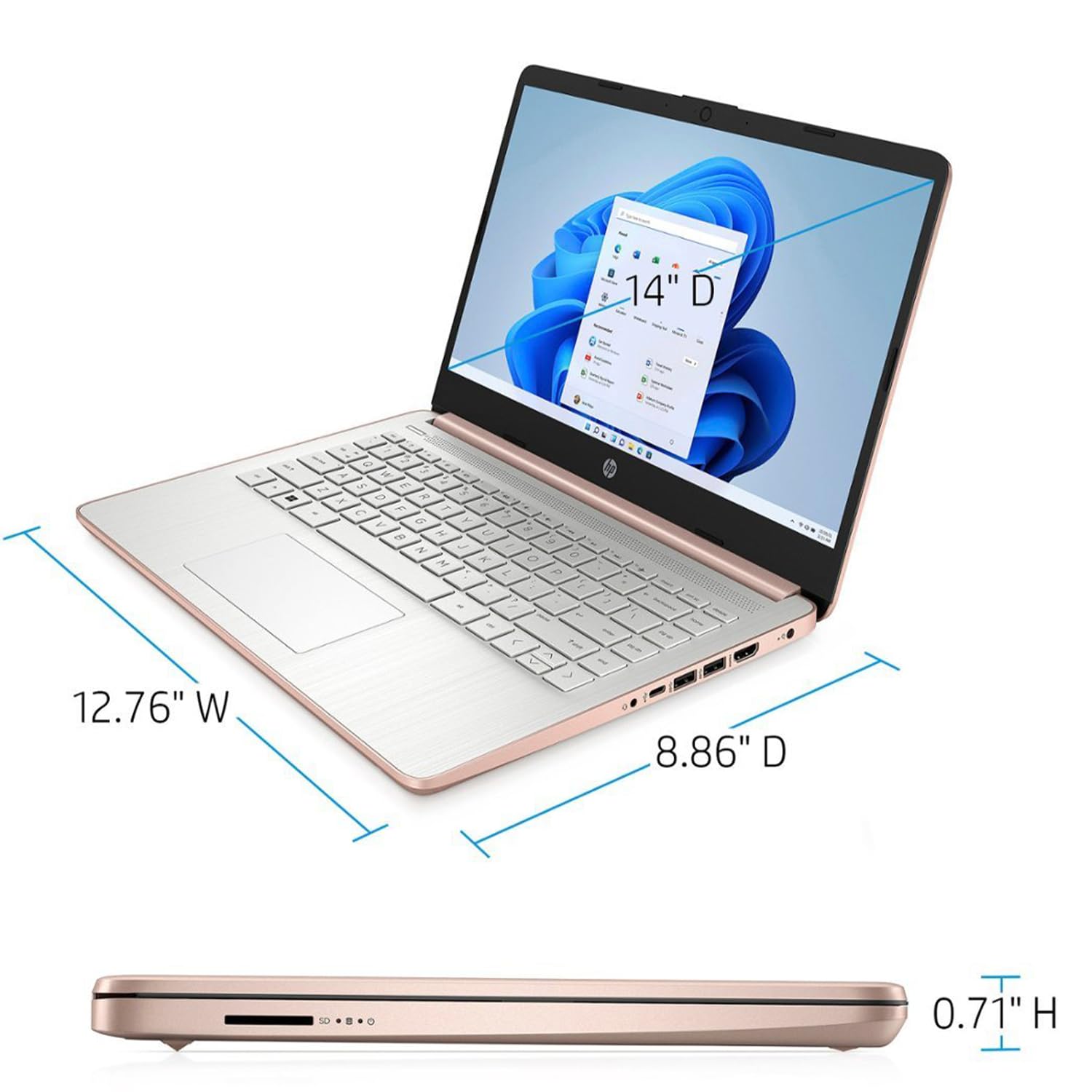 HP Essential Laptop, 14" HD Display, Intel Celeron N4120, 8GB RAM, 64GB eMMC, Webcam, HDMI, Wi-Fi, RJ-45, 1 Year Office 365, Windows 11 Home, Rose Gold
