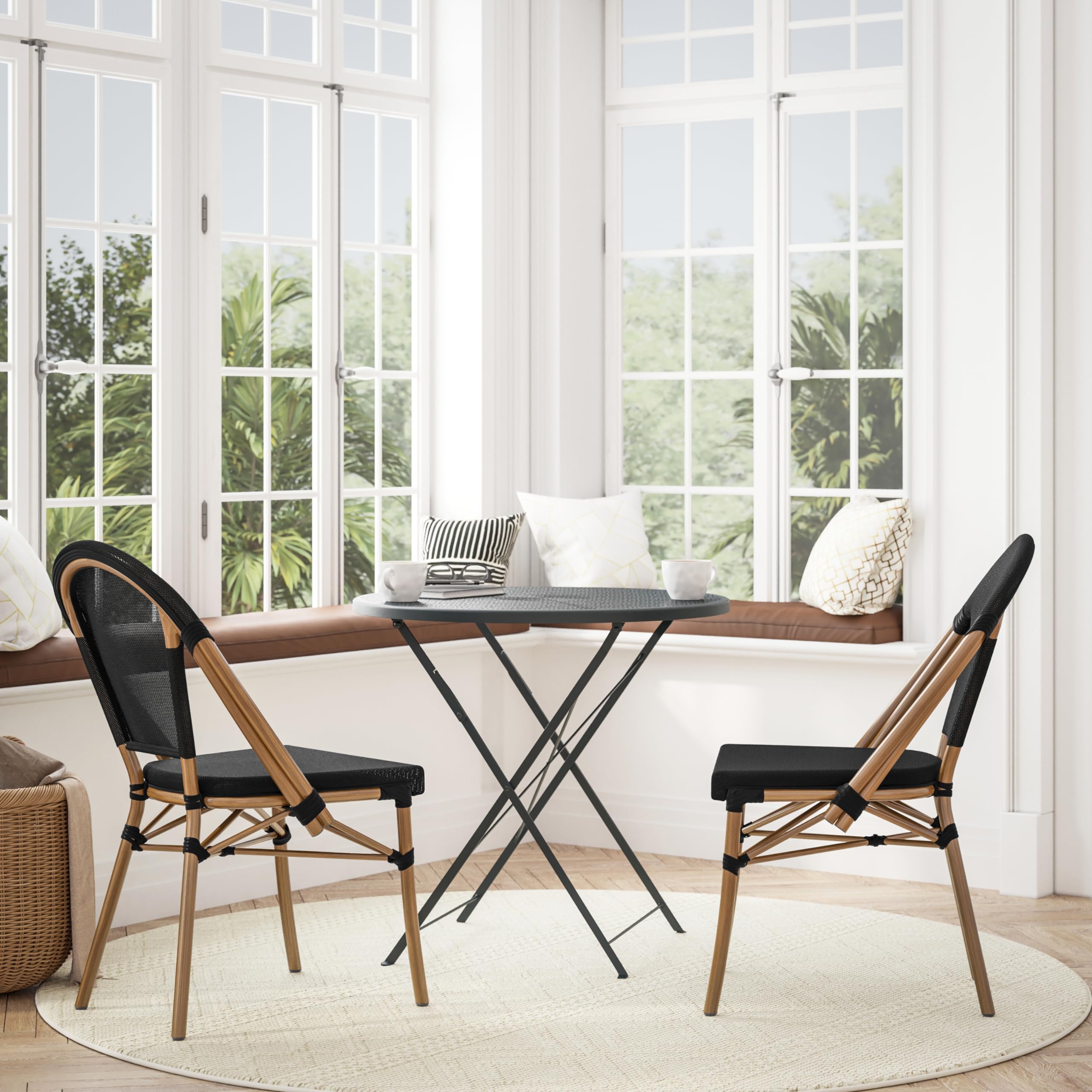 BizChair Set of 2 Indoor/Outdoor Commercial Bistro Stacking Chair, Black Textilene Back and Seat, Bamboo Print Aluminum Frame in Natural