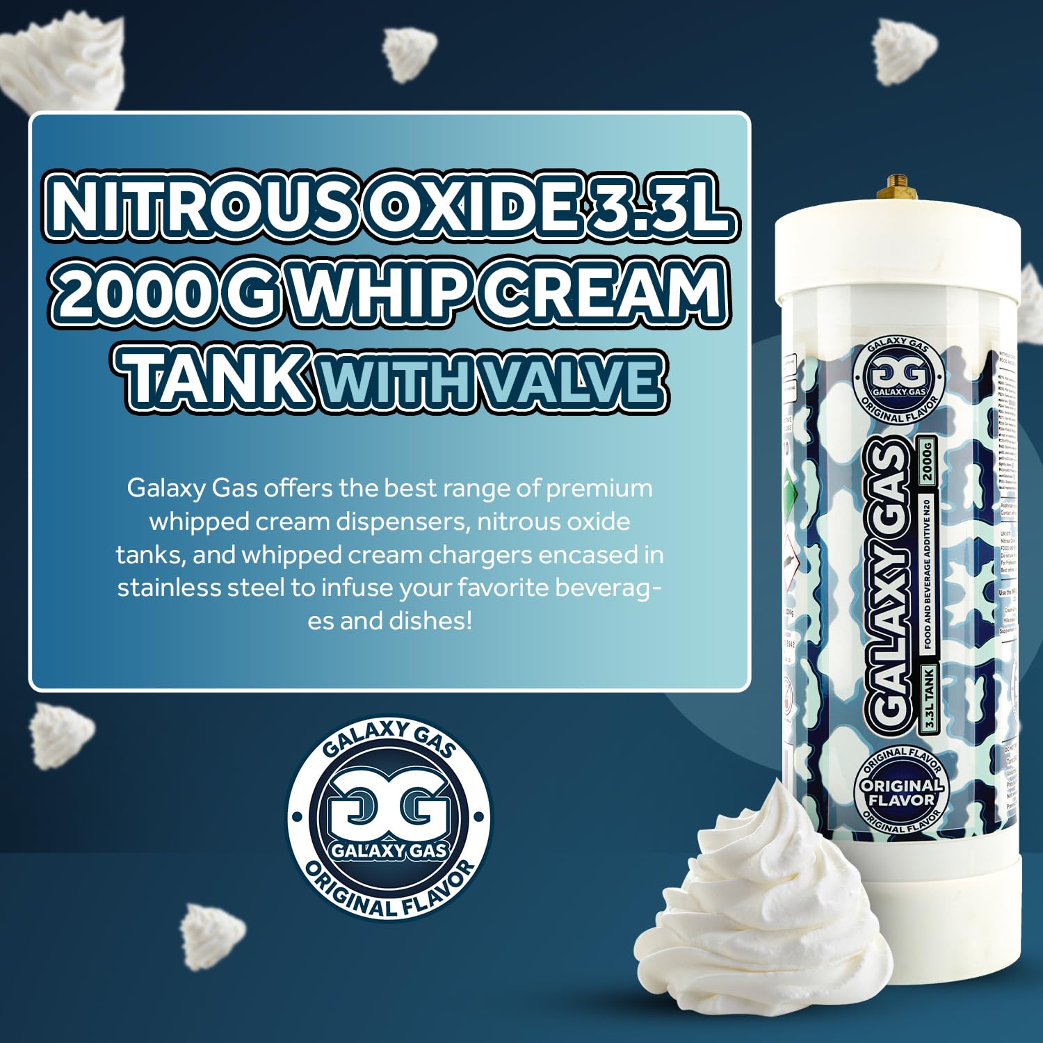 Galaxy Gas Original Flavor, Whipped Cream Dispenser Cartridge Tank, Nitrous Oxide 3.3L 2000 Gram, Whipped CreamTank, N2O tank Tank, 1 Cylinder