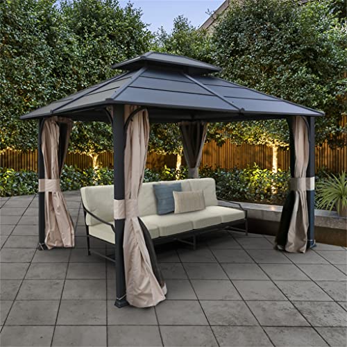 ZZBJ 12 Ft. W X 14 Ft. D Metal Black 2-Tier Double Roof Patio Gazebo with Curtains and Netting (Color : D, Size : 12 Ft. W X 14 Ft)