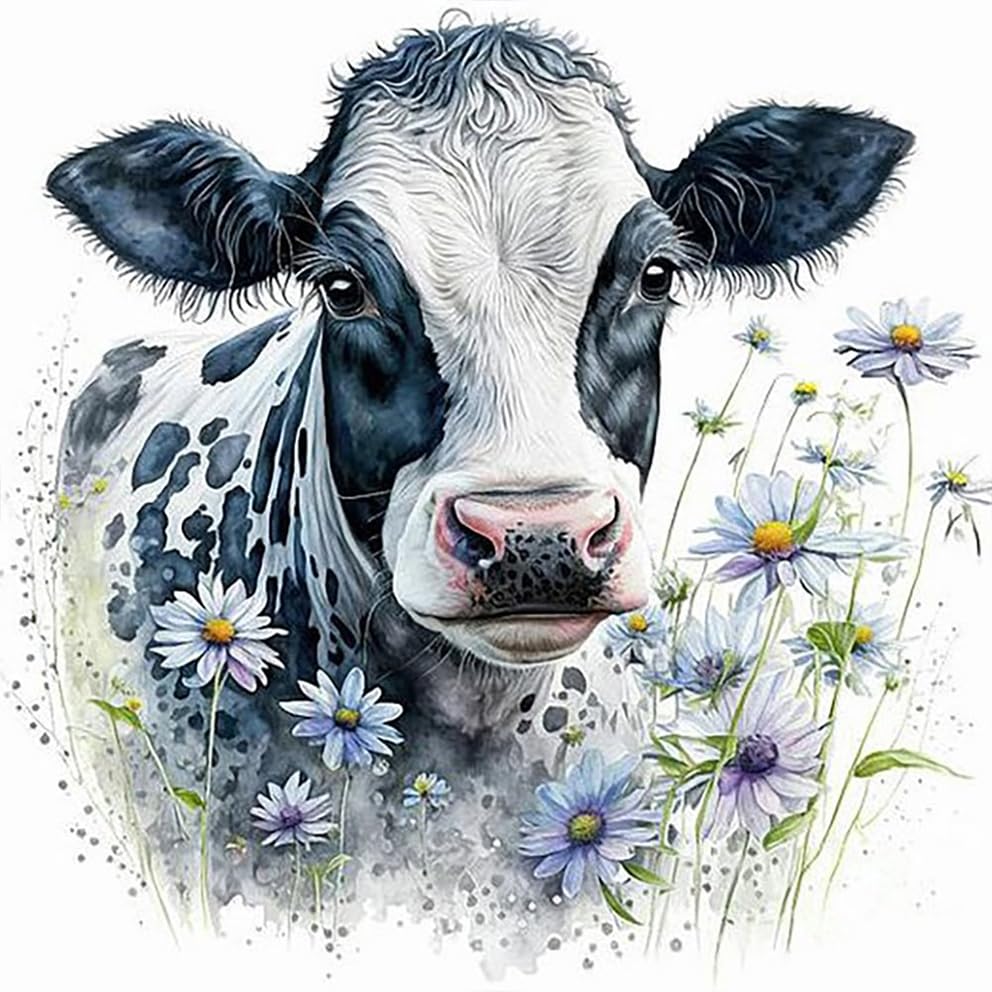 Stalente Diamond Painting Kits for Adults, Daisy 5D DIY Diamond Art Kits for Beginners Round Full Drill Diamond Painting for Home Wall Decoration Gift 12×12inch, Cow