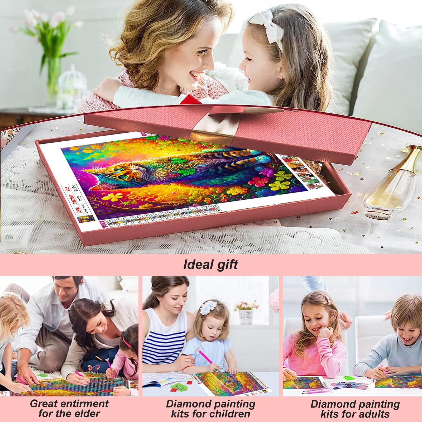 Stalente Diamond Painting Kits for Adults, 5D DIY Diamond Art Kits for Beginners Round Full Drill Diamond Painting for Home Wall Decoration Gift 12×12inch, Cat