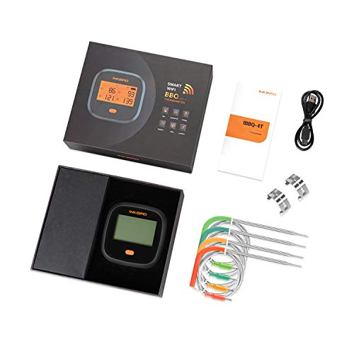 Inkbird WiFi Meat Thermometer, Wireless Grill BBQ Thermometer with Calibration, 4 Colored Probes, LCD Screen, Remote Monitor Digital Cooking Food Oven Thermometer