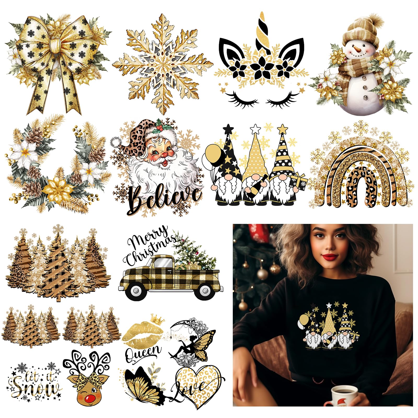 Christmas Transfer for T-shirts, 18 Pcs Gold Iron on Decals Stickers Heat Transfer Decal Santa Claus Snow Patches for Clothing Hat Pillow Backpack DIY Craft Supplies