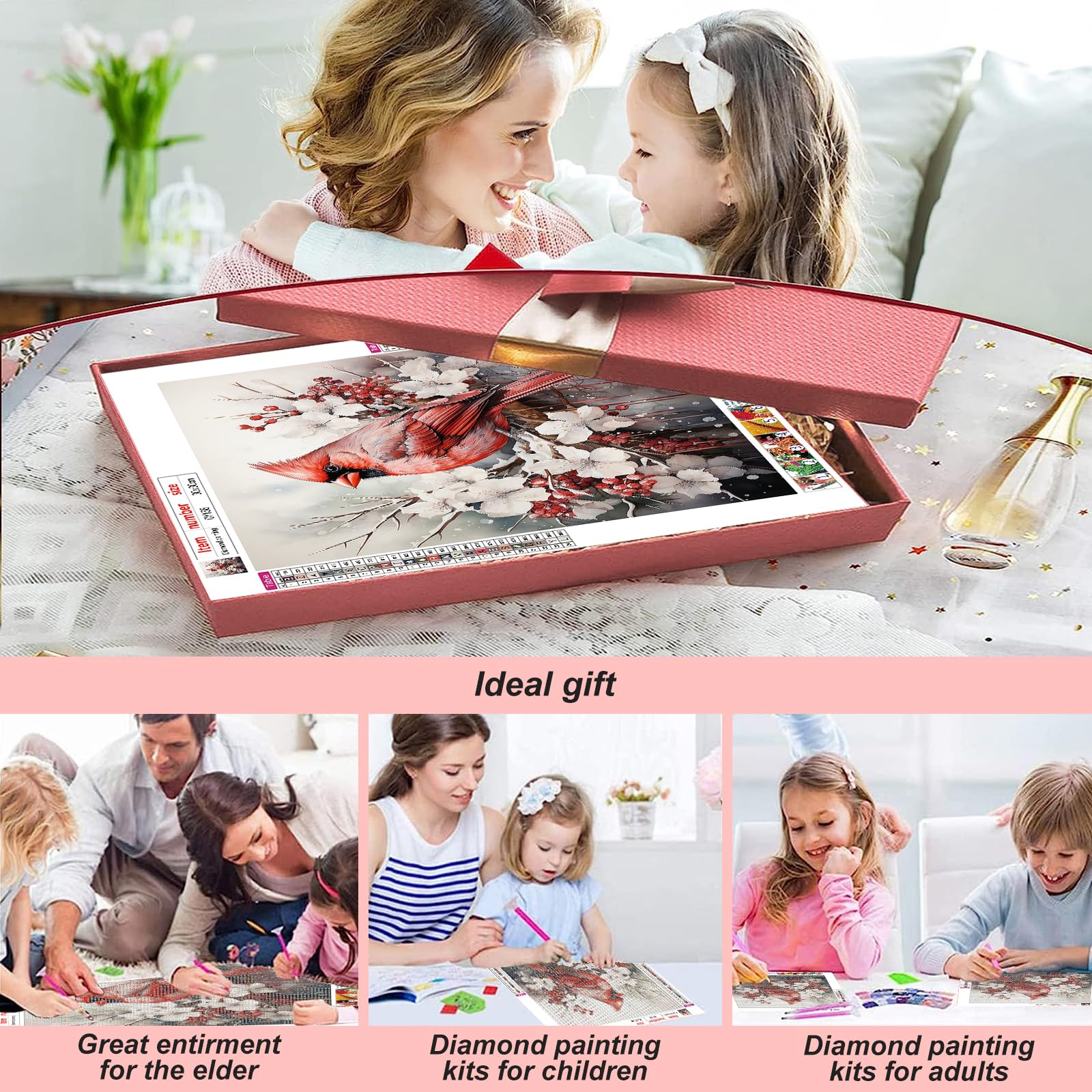Stalente Diamond Painting Kits for Adults, Cardinal 5D DIY Diamond Art Kits for Beginners Round Full Drill Diamond Painting for Home Wall Decoration Gift 12×12inch, Birds