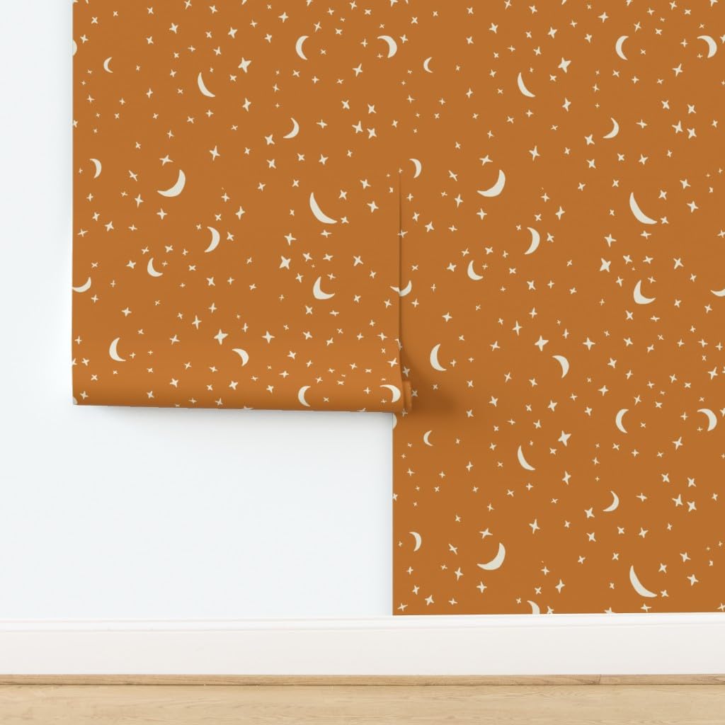 Peel & Stick Wallpaper Swatch - Boho Astrological Burnt Orange Autumn Fall Halloween Celestial Stars and Moon Custom Removable Wallpaper by Spoonflower