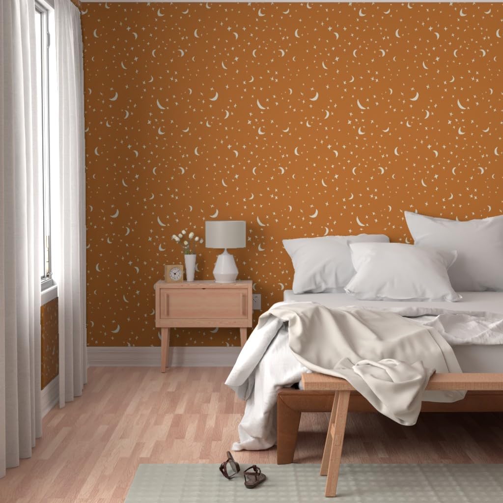 Peel & Stick Wallpaper Swatch - Boho Astrological Burnt Orange Autumn Fall Halloween Celestial Stars and Moon Custom Removable Wallpaper by Spoonflower