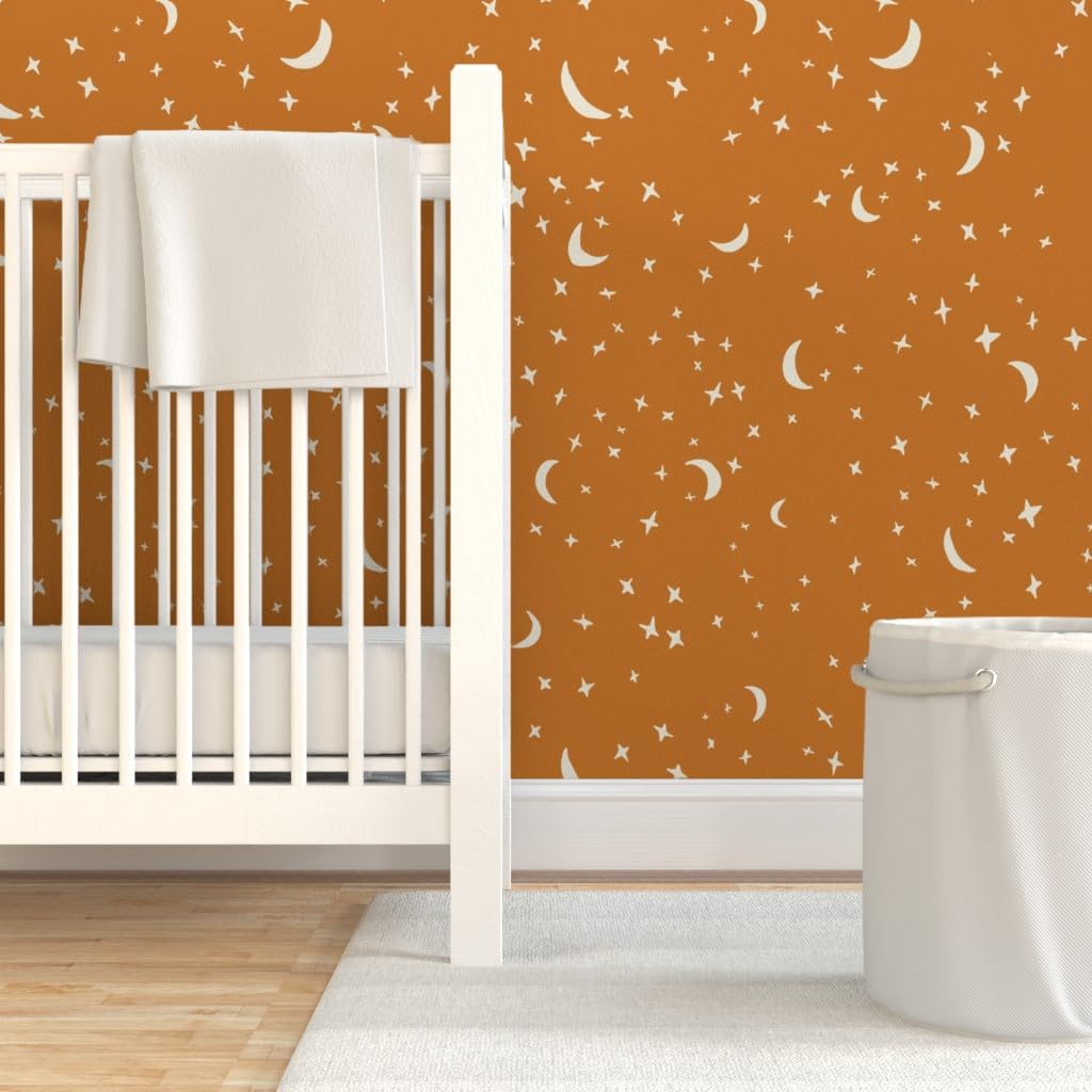 Peel & Stick Wallpaper Swatch - Boho Astrological Burnt Orange Autumn Fall Halloween Celestial Stars and Moon Custom Removable Wallpaper by Spoonflower