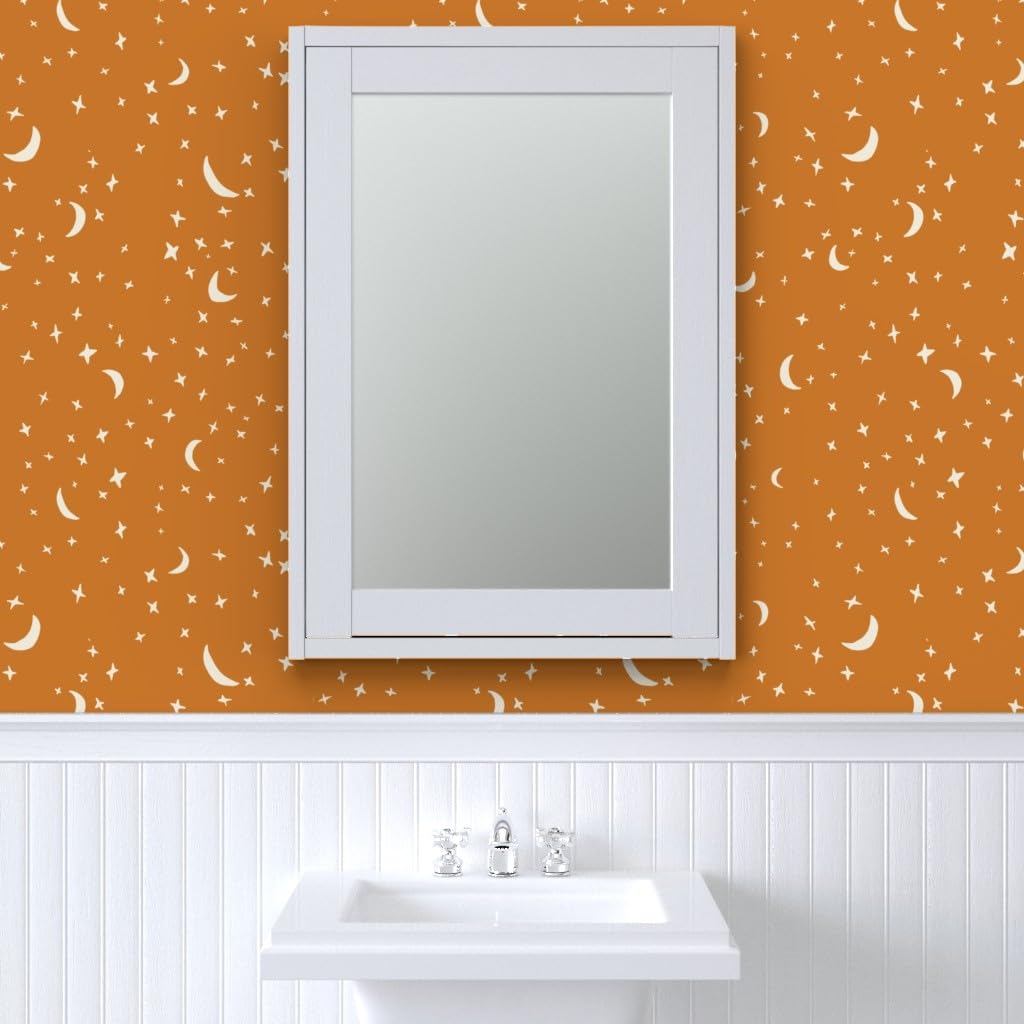 Peel & Stick Wallpaper Swatch - Boho Astrological Burnt Orange Autumn Fall Halloween Celestial Stars and Moon Custom Removable Wallpaper by Spoonflower