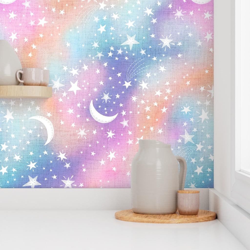 Peel & Stick Wallpaper Swatch - Celestial Rainbow Boho Nursery Ombre Pastel Stars Moon Clouds Night Sky Multicolor Custom Removable Wallpaper by Spoonflower