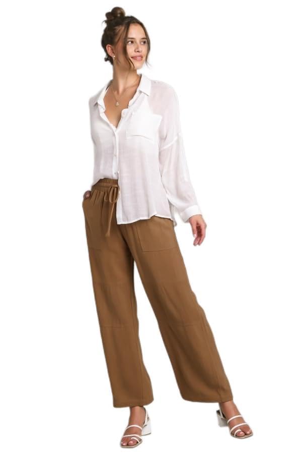 Umgee USA Linen Blend Elastic Waistband Pants with Drawstring & Pocket Details Camel