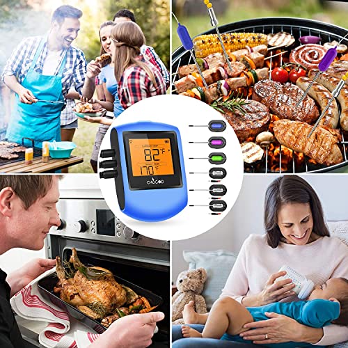 Bluetooth Meat Thermometer, Wireless BBQ Thermometer, Digital Cooking Thermometer for Grilling Smart APP Control with 6 Stainless Steel Probes, Support iOS & Android (Blue)