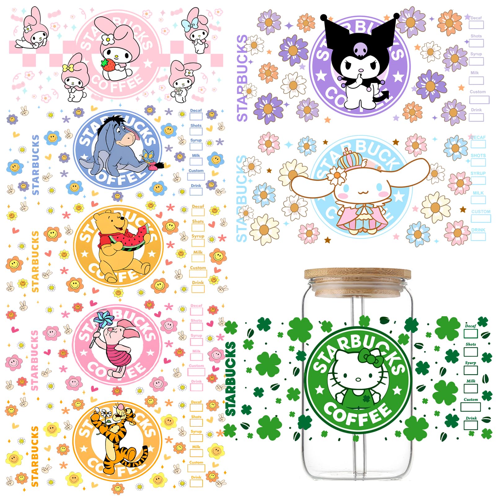 UV DTF Cup Wrap Transfer Stickers for Glass, 8 Sheet Halloween Cartoon Rub on Transfers for Crafting, UV DTF Transfer Waterproof Sticker for Glass Cups Furniture Craft Wood DIY Crafts (Cartoon)