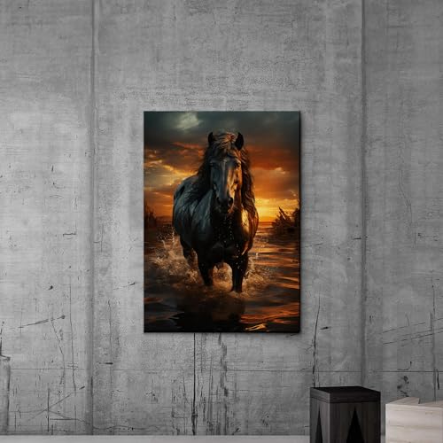 Majestic Black Stallion Galloping In The Clouds, Black Horse On Salt Flats, Canvas Print, Black Horse Print, Black Horse Wall Art, Canvas, Wall Decor