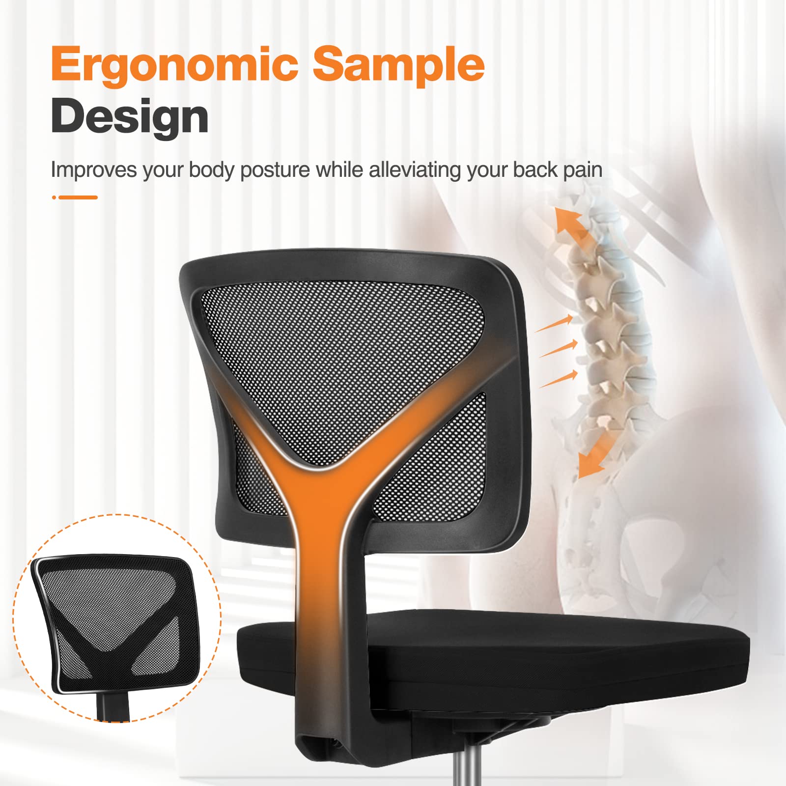 Sweetcrispy Office Computer Desk Chair, Ergonomic Low-Back Mesh Rolling Work Swivel Chairs with Wheels, Armless Comfortable Seat Lumbar Support for Home,Bedroom,Study,Student,Adults, Black