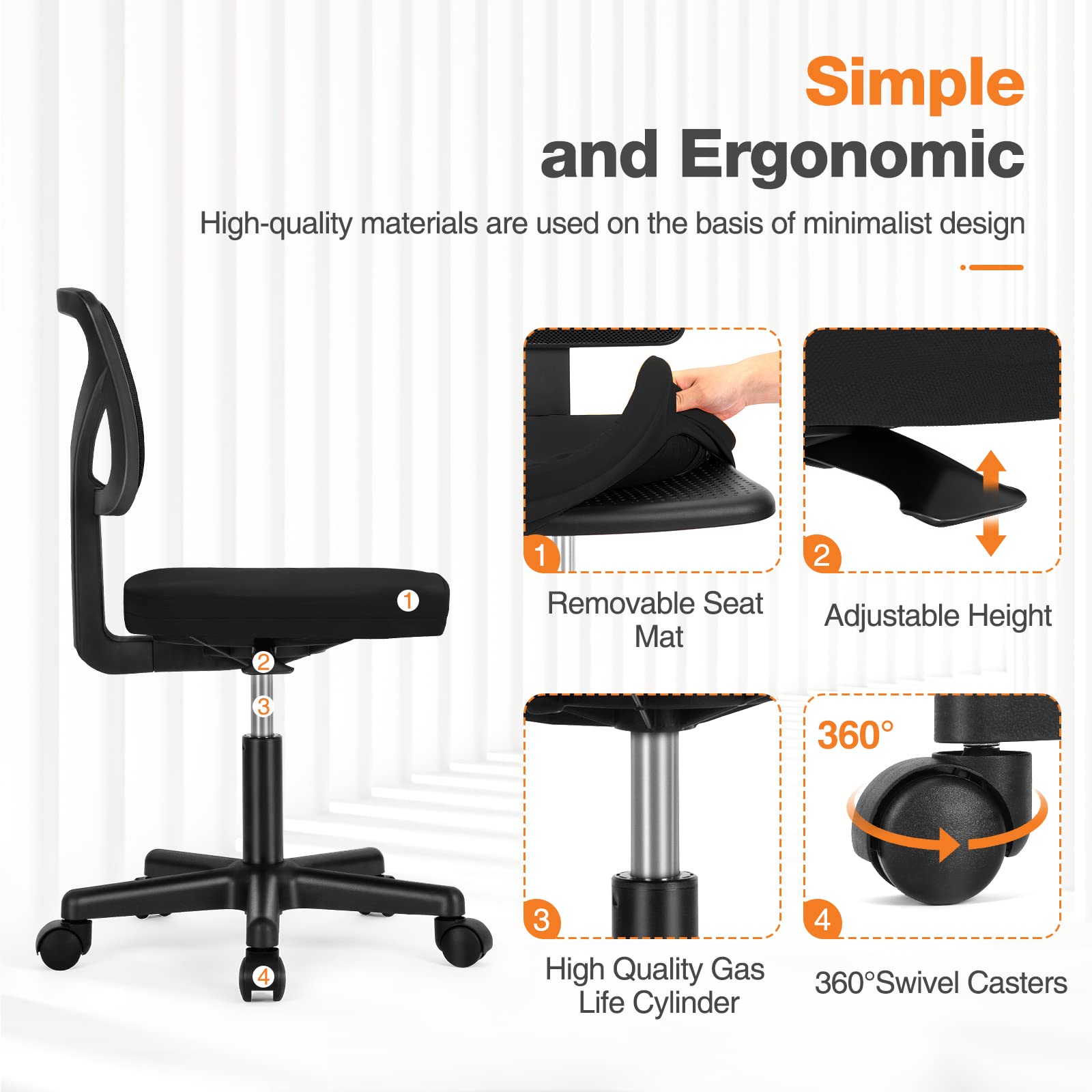 Sweetcrispy Office Computer Desk Chair, Ergonomic Low-Back Mesh Rolling Work Swivel Chairs with Wheels, Armless Comfortable Seat Lumbar Support for Home,Bedroom,Study,Student,Adults, Black